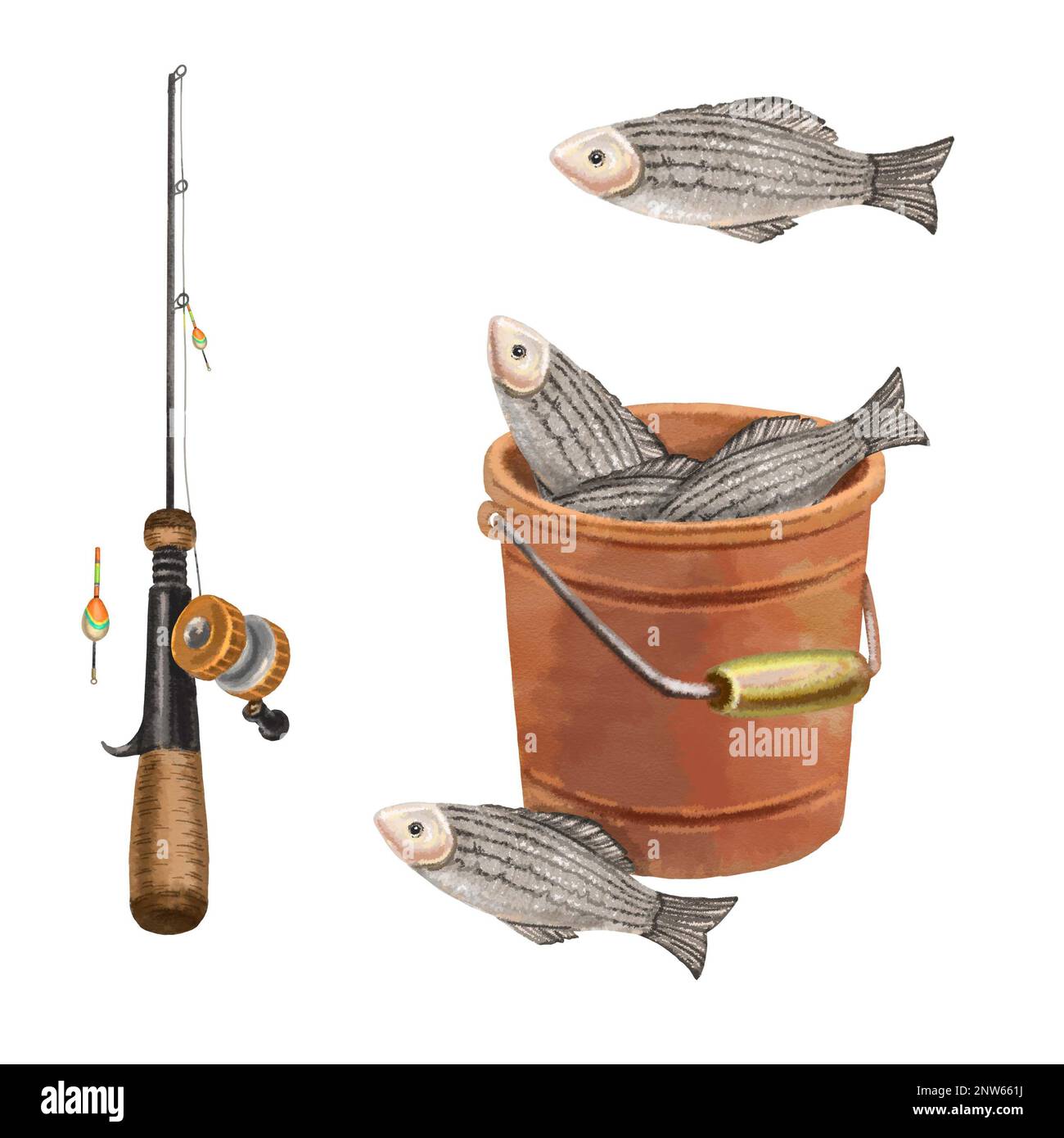 illustration of fishing set with fish. High quality illustration Stock ...