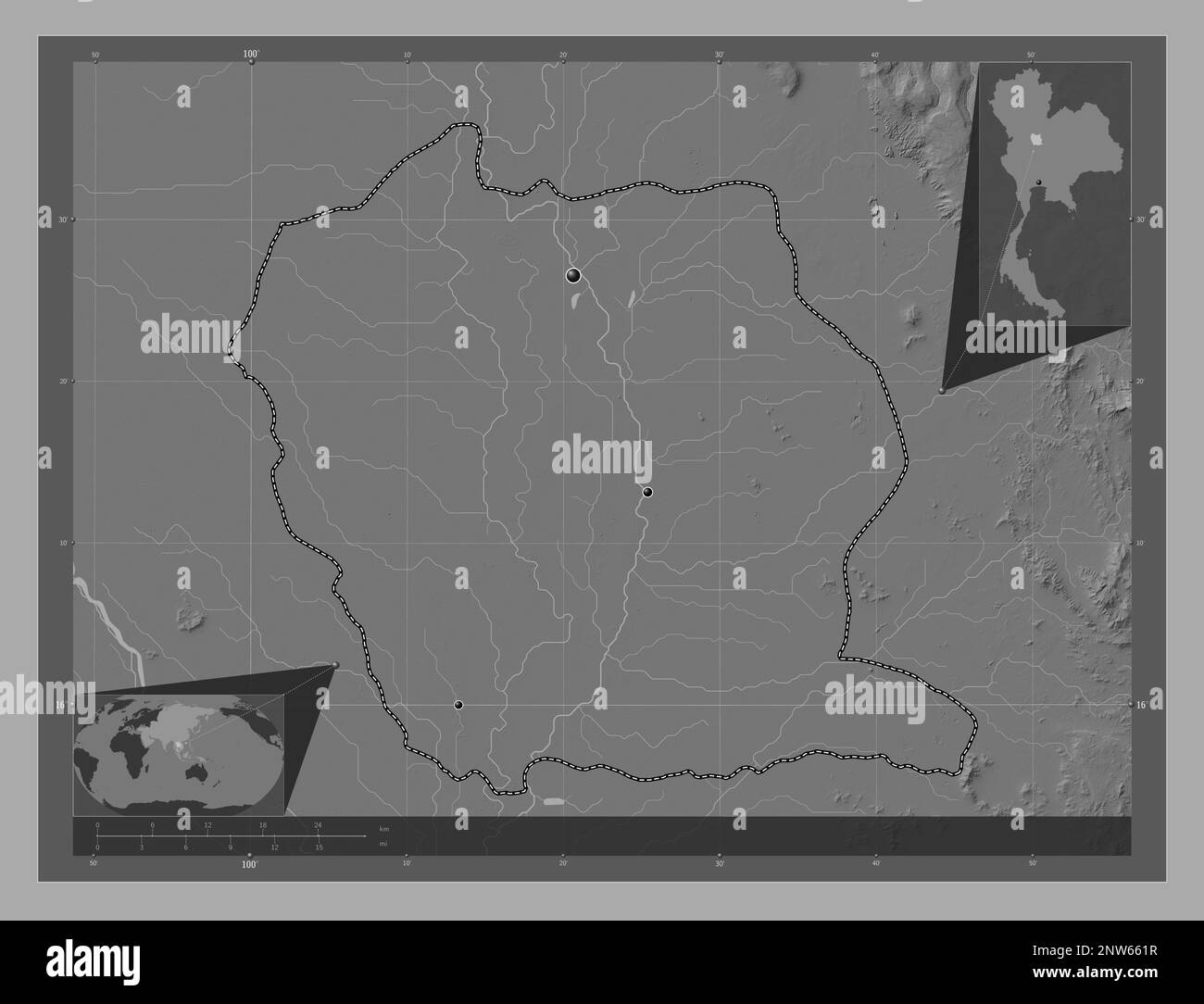 Phichit, province of Thailand. Bilevel elevation map with lakes and ...
