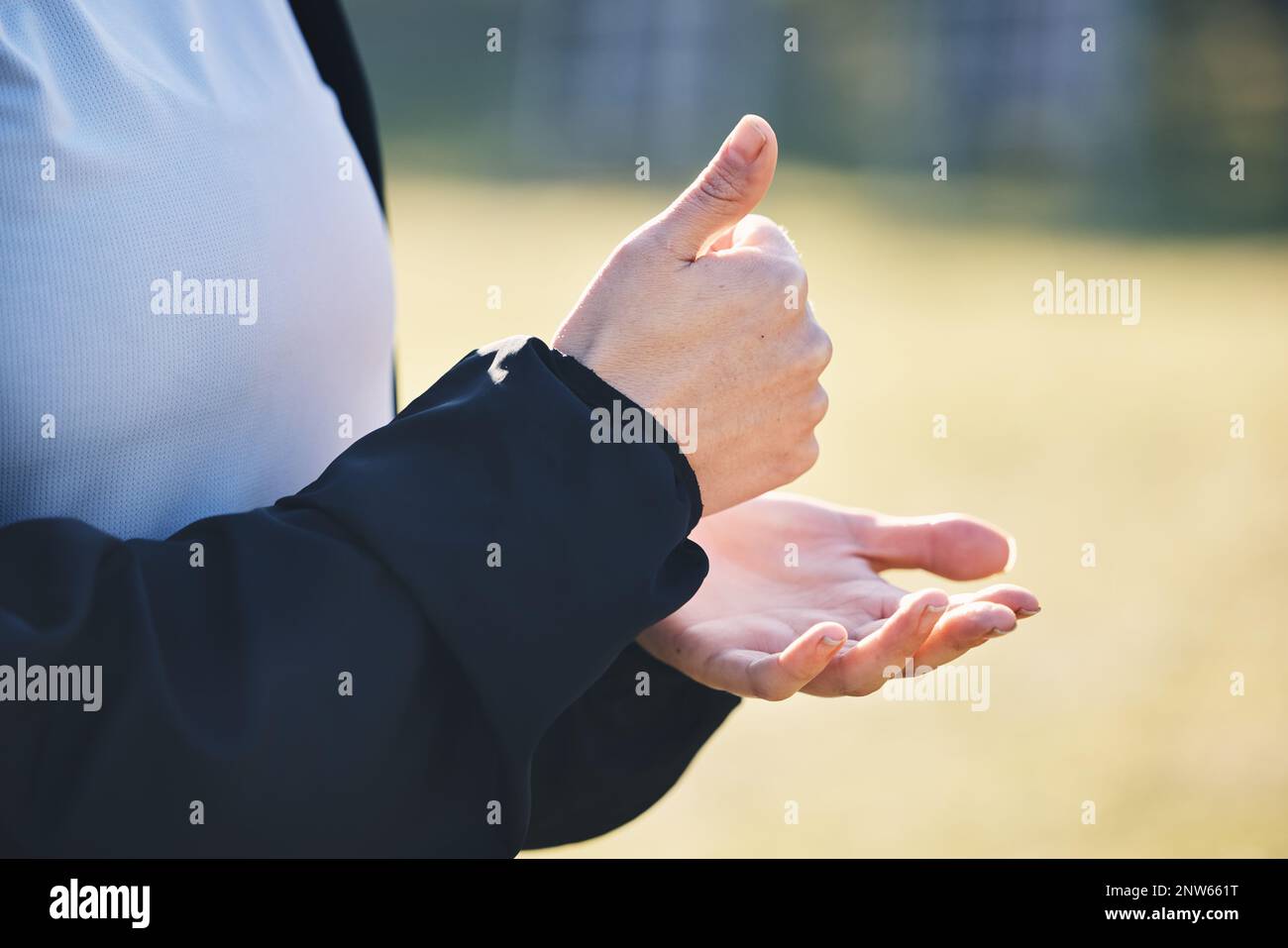 Woman, hands and thumbs up for good job, winning or success in sports ...