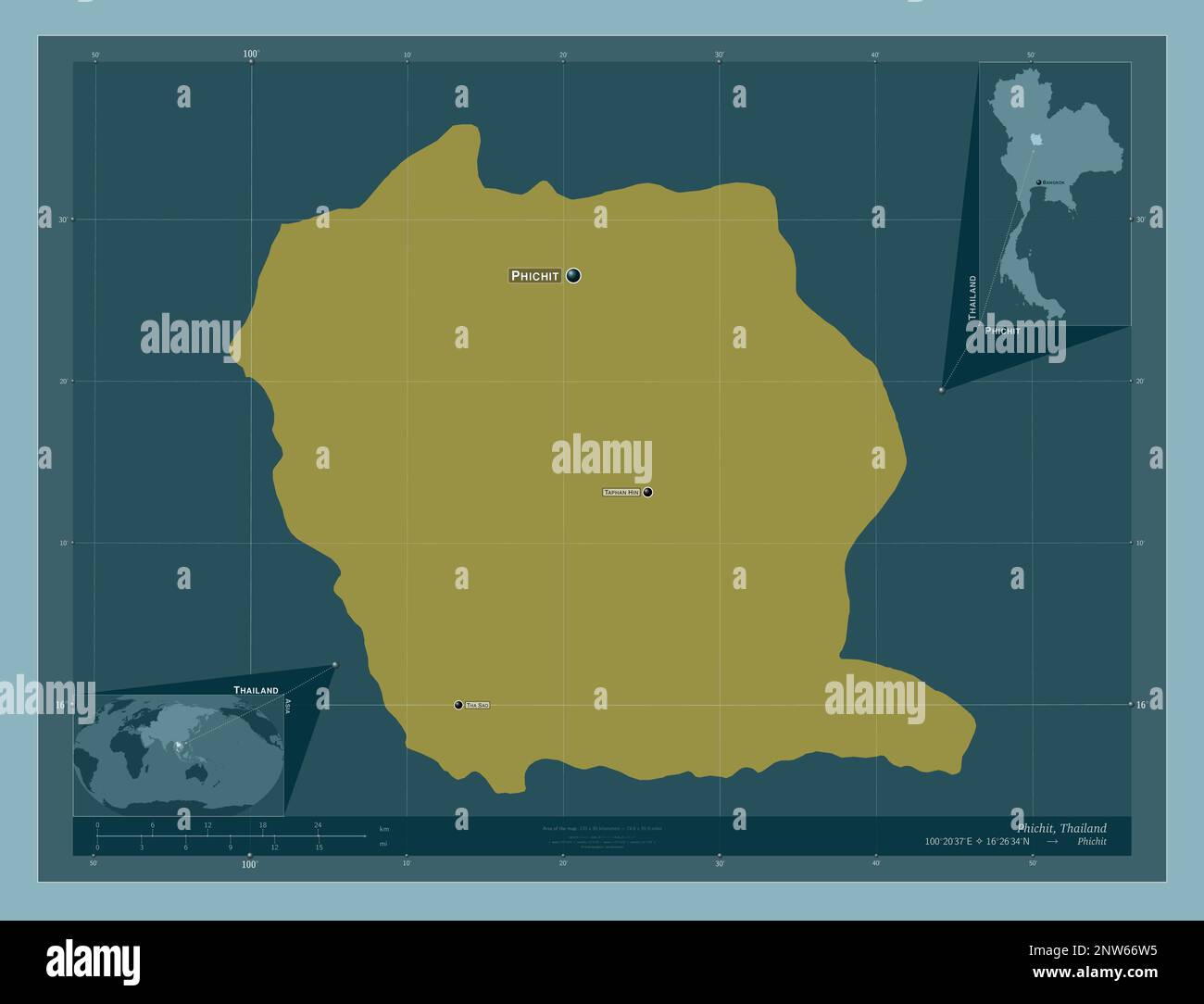 Phichit, province of Thailand. Solid color shape. Locations and names ...