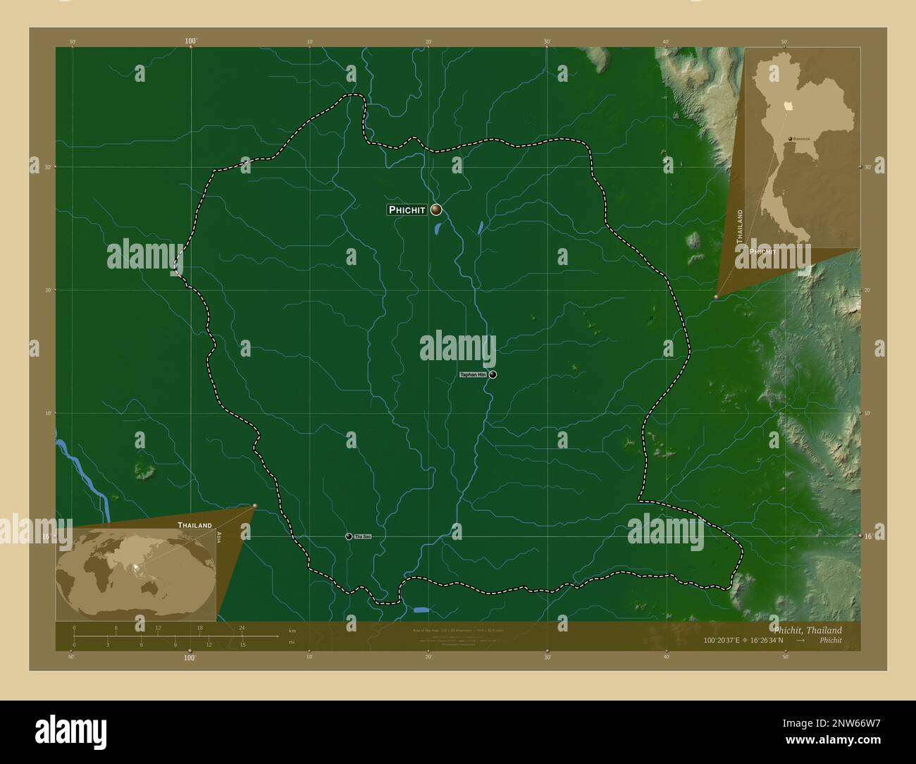 Phichit, province of Thailand. Colored elevation map with lakes and ...