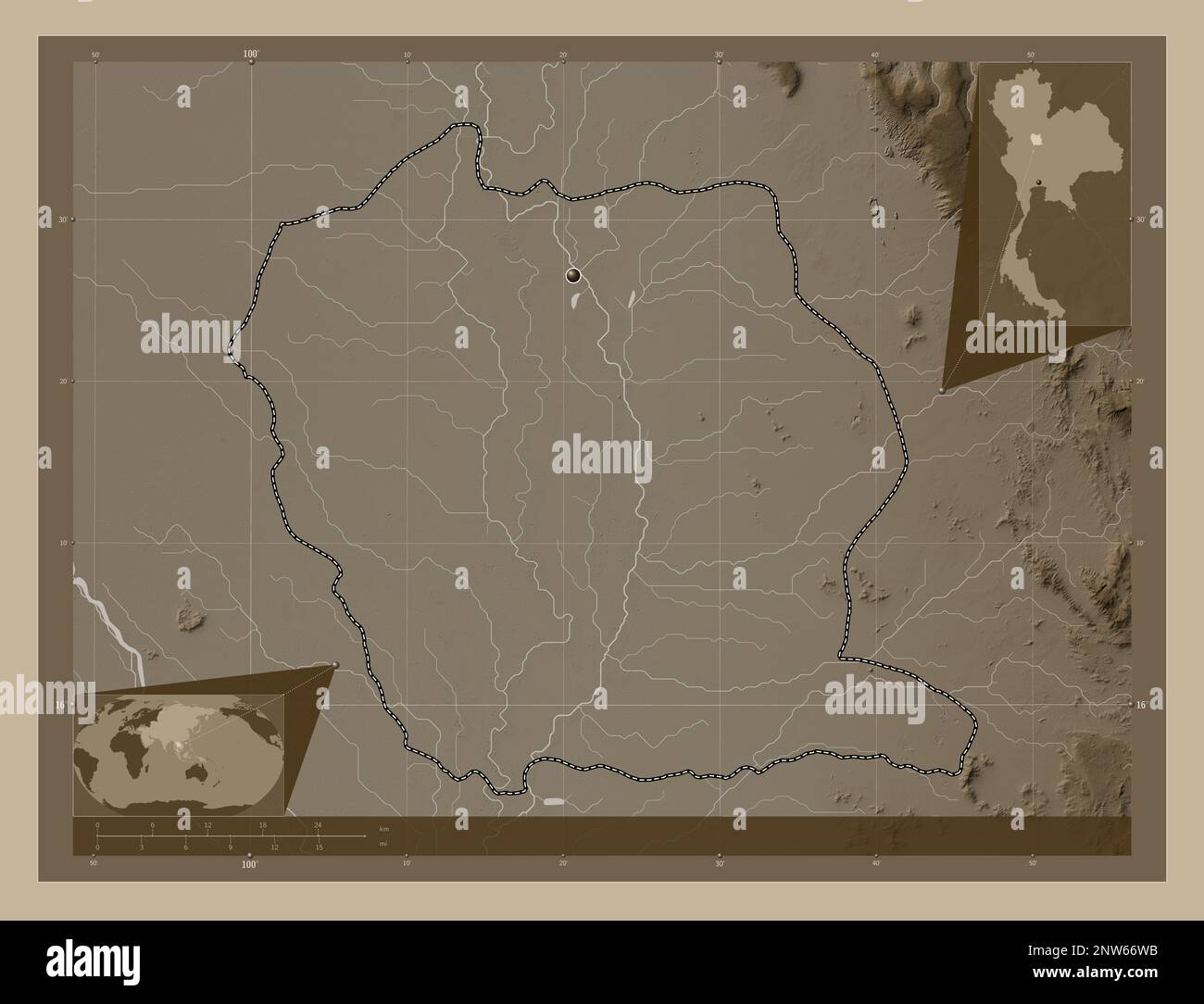 Phichit, province of Thailand. Elevation map colored in sepia tones ...