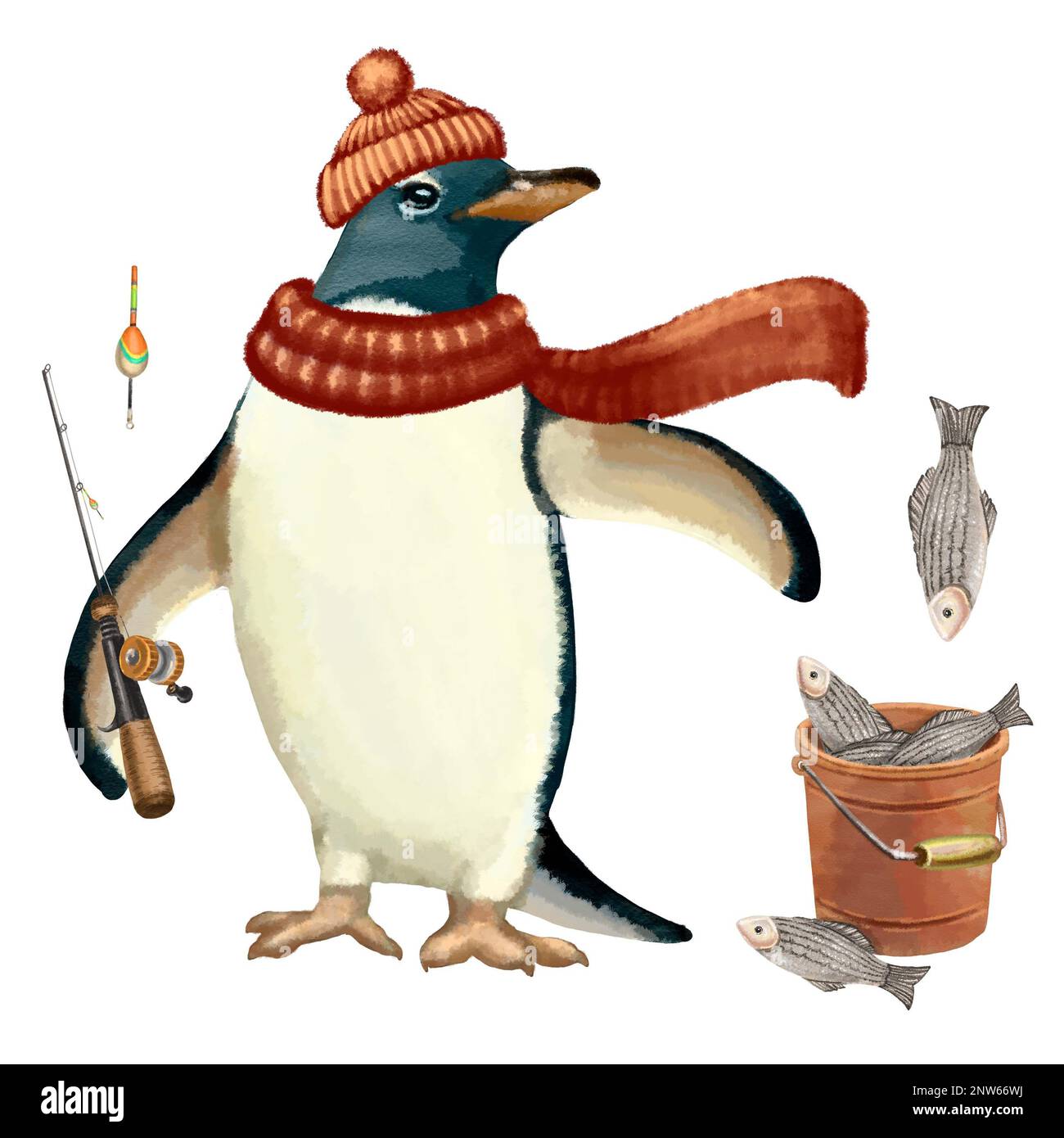 Penguin in a red hat and scarf, with a fish, a fishing rod, a float and ...