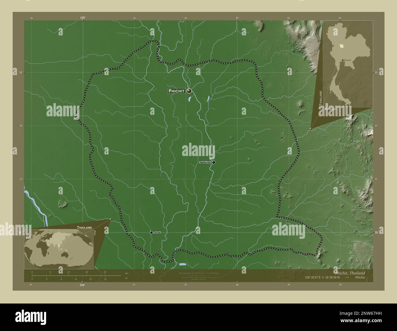 Phichit, province of Thailand. Elevation map colored in wiki style with ...