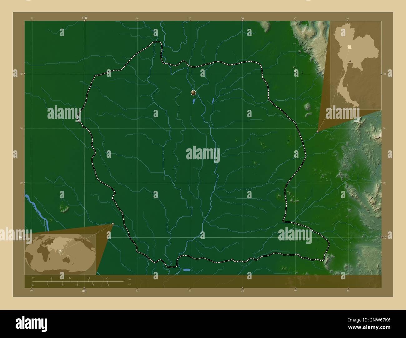 Phichit, province of Thailand. Colored elevation map with lakes and ...