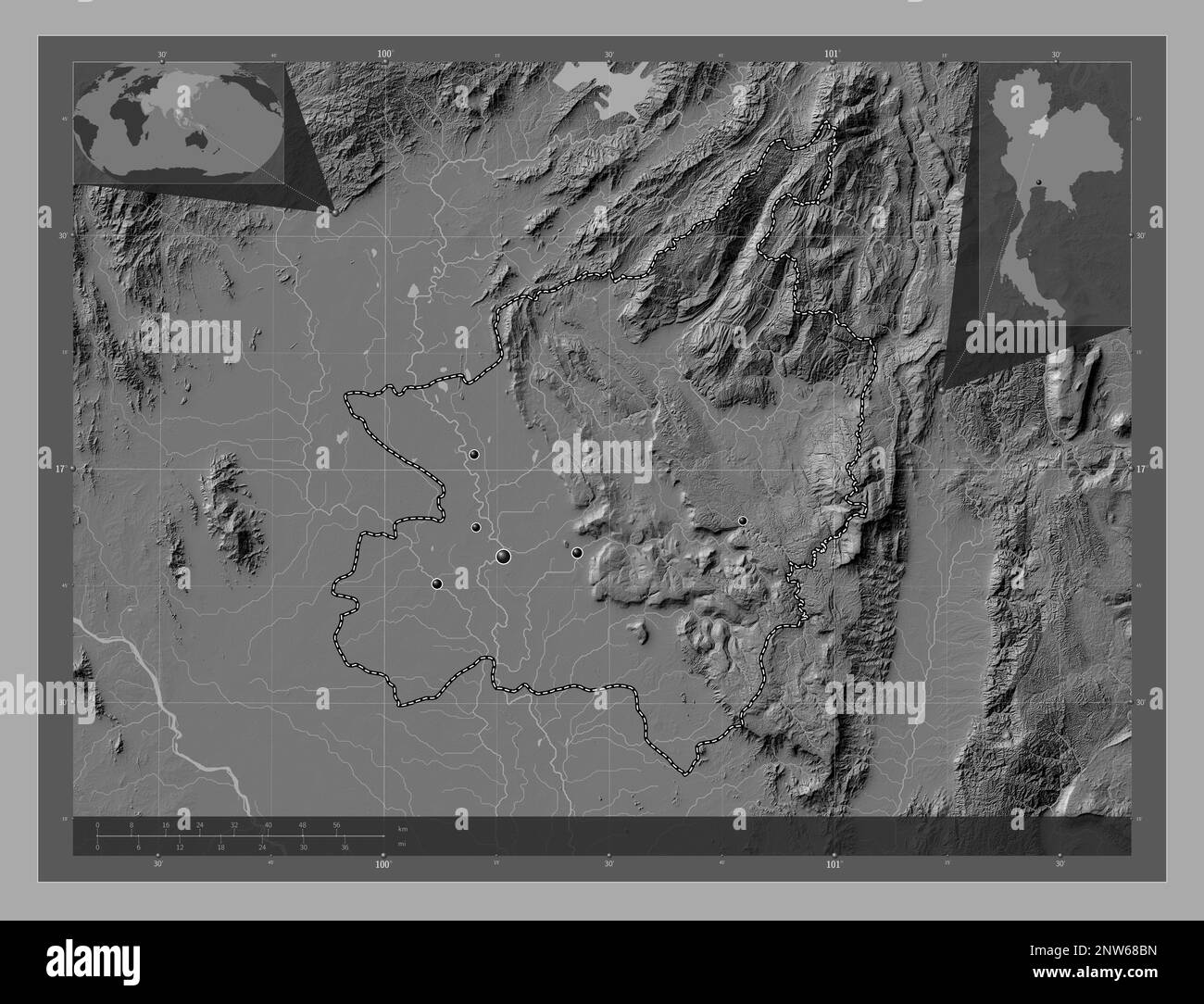 Phitsanulok, province of Thailand. Bilevel elevation map with lakes and ...