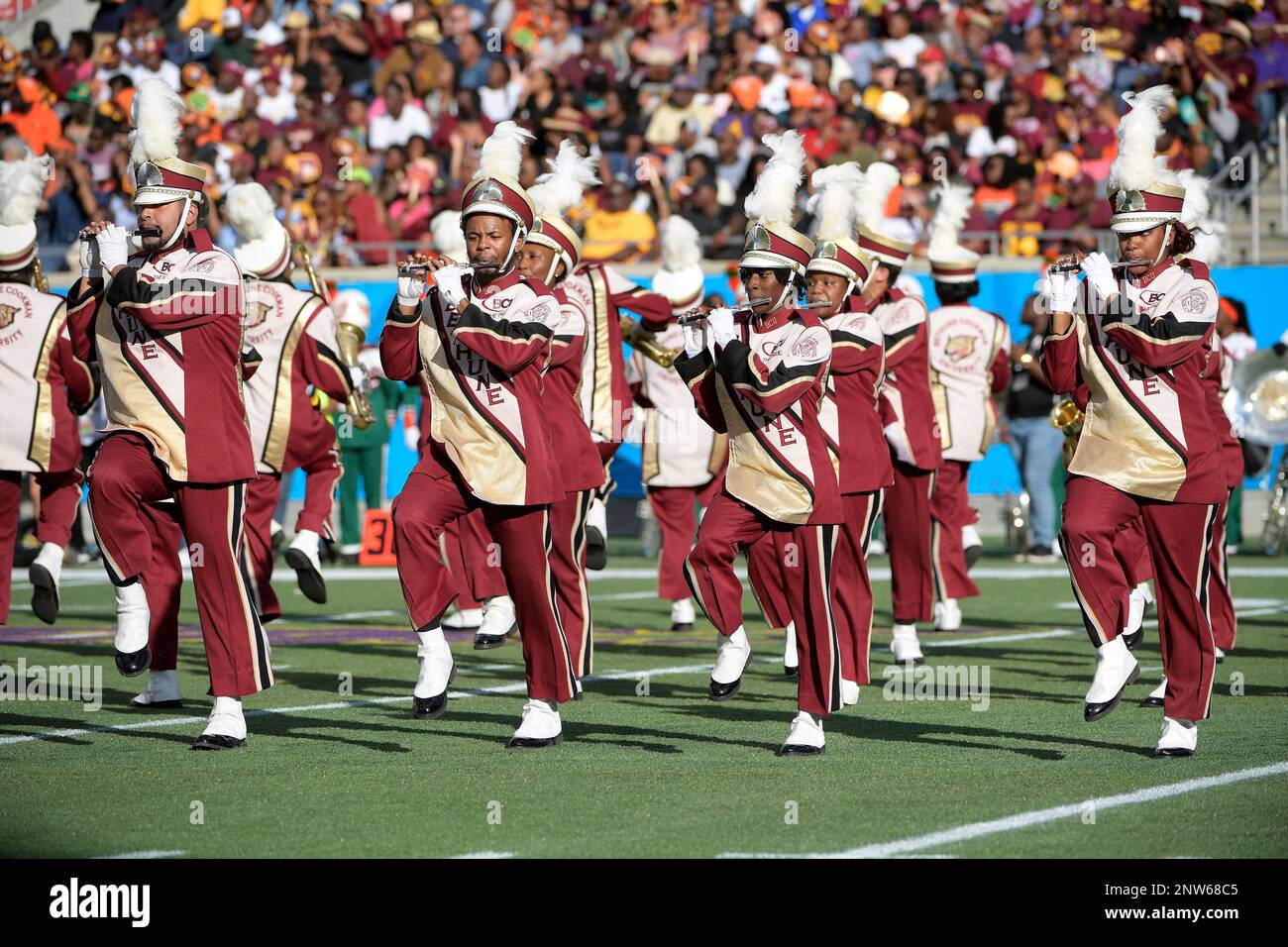 Members of the Bethune-Cookman marching band perform during halftime of ...