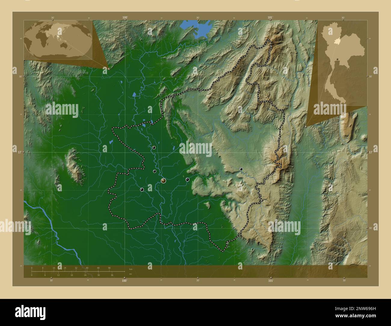 Phitsanulok, province of Thailand. Colored elevation map with lakes and ...