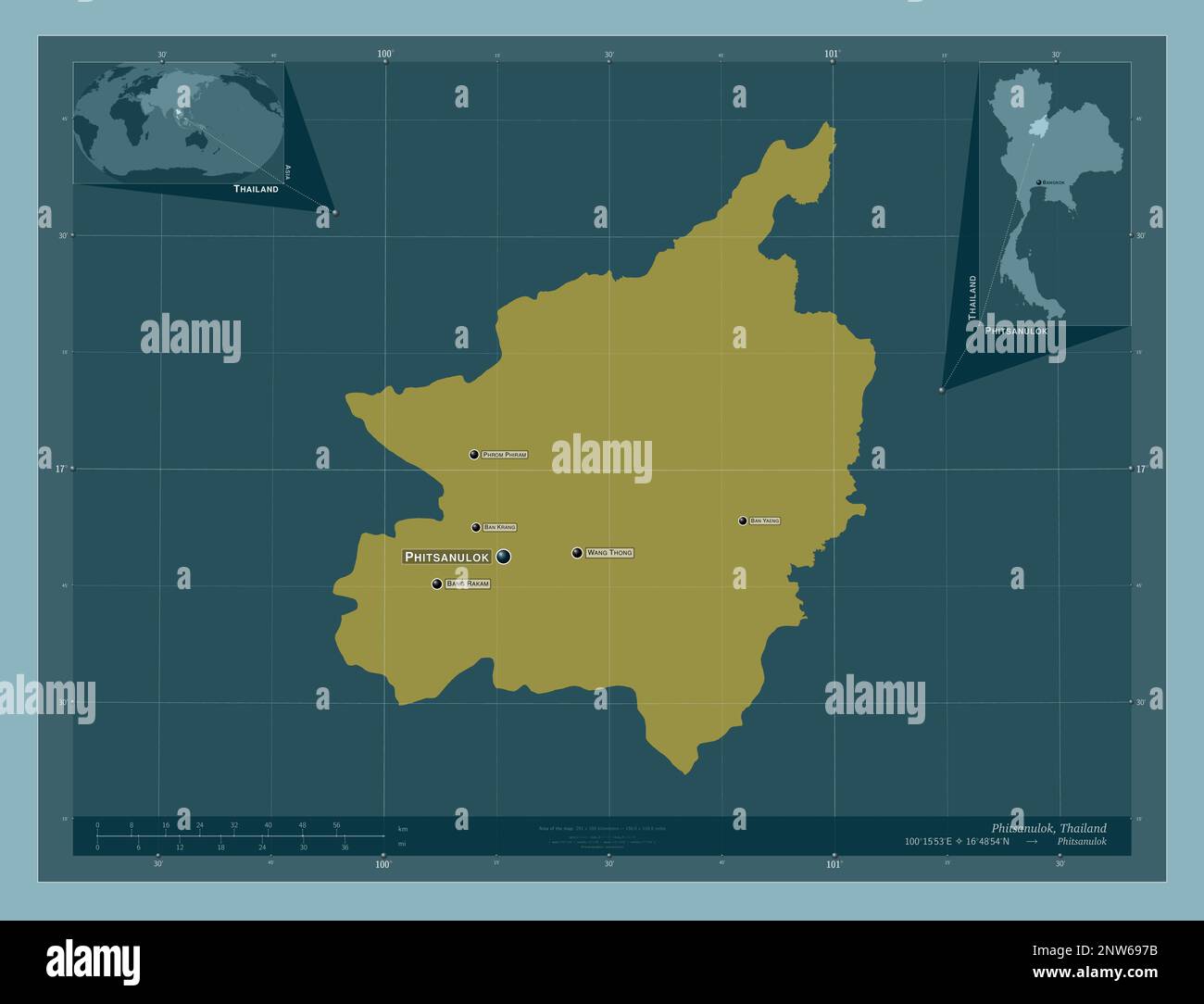 Phitsanulok, province of Thailand. Solid color shape. Locations and ...