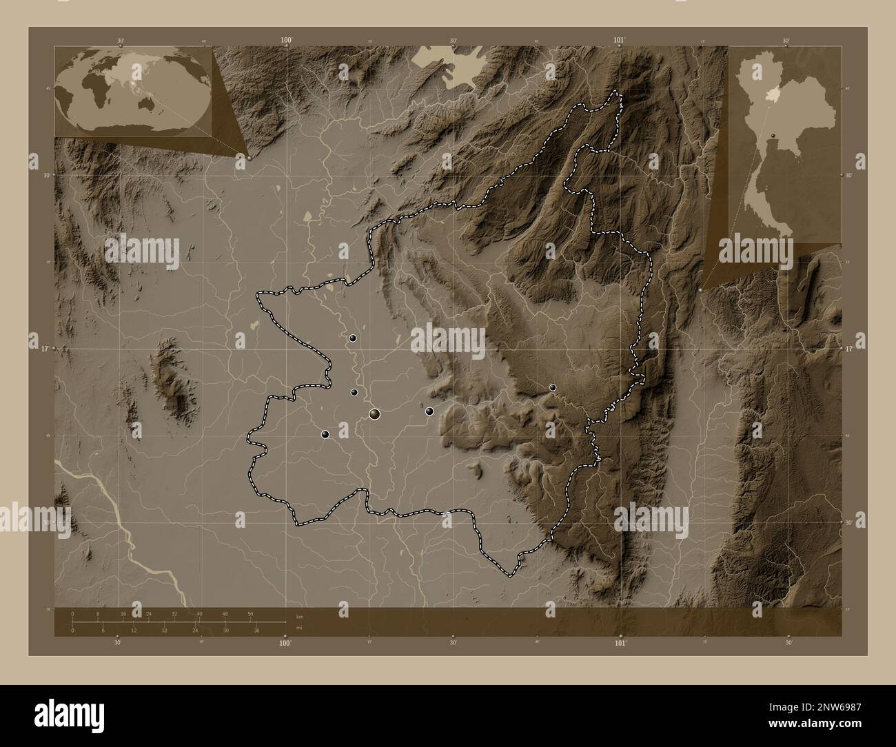 Phitsanulok, province of Thailand. Elevation map colored in sepia tones ...
