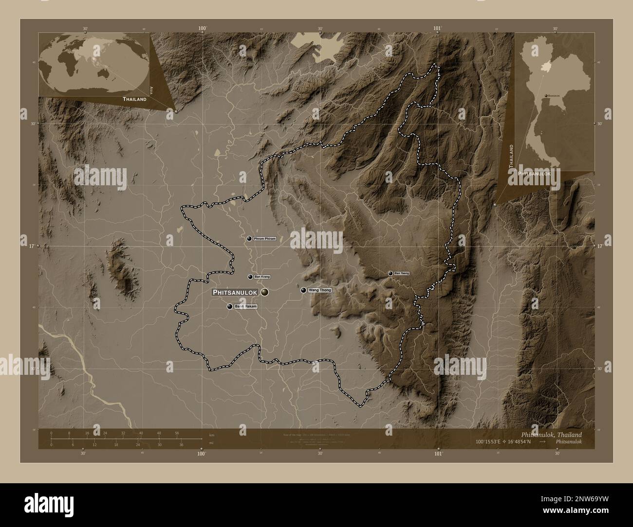 Phitsanulok, province of Thailand. Elevation map colored in sepia tones ...