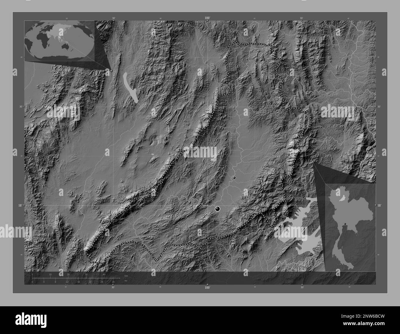 Phrae, province of Thailand. Bilevel elevation map with lakes and ...