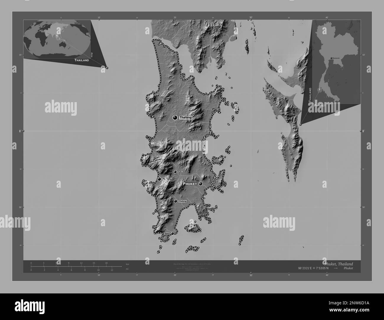 Phuket, province of Thailand. Bilevel elevation map with lakes and ...