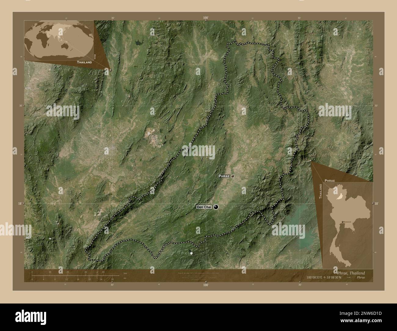 Phrae, province of Thailand. Low resolution satellite map. Locations ...