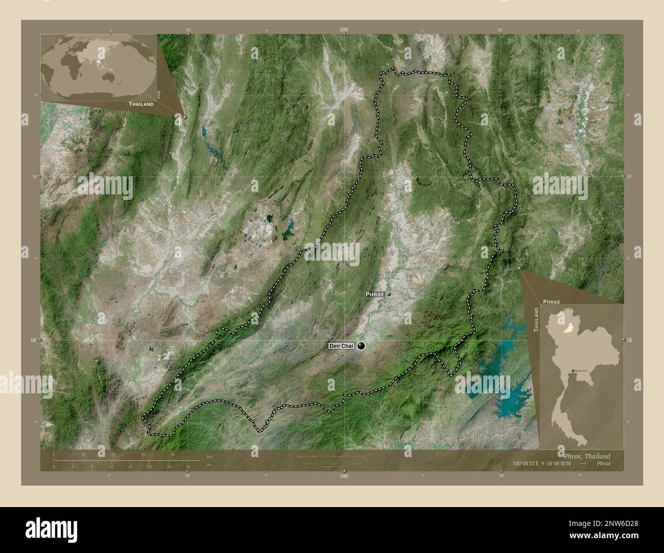 Phrae, province of Thailand. High resolution satellite map. Locations ...