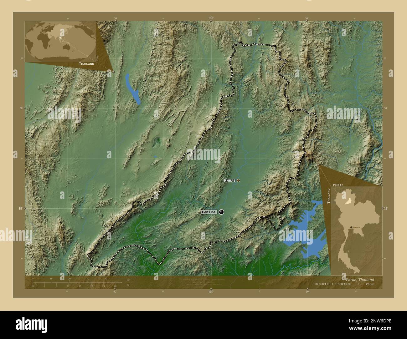 Phrae, province of Thailand. Colored elevation map with lakes and ...