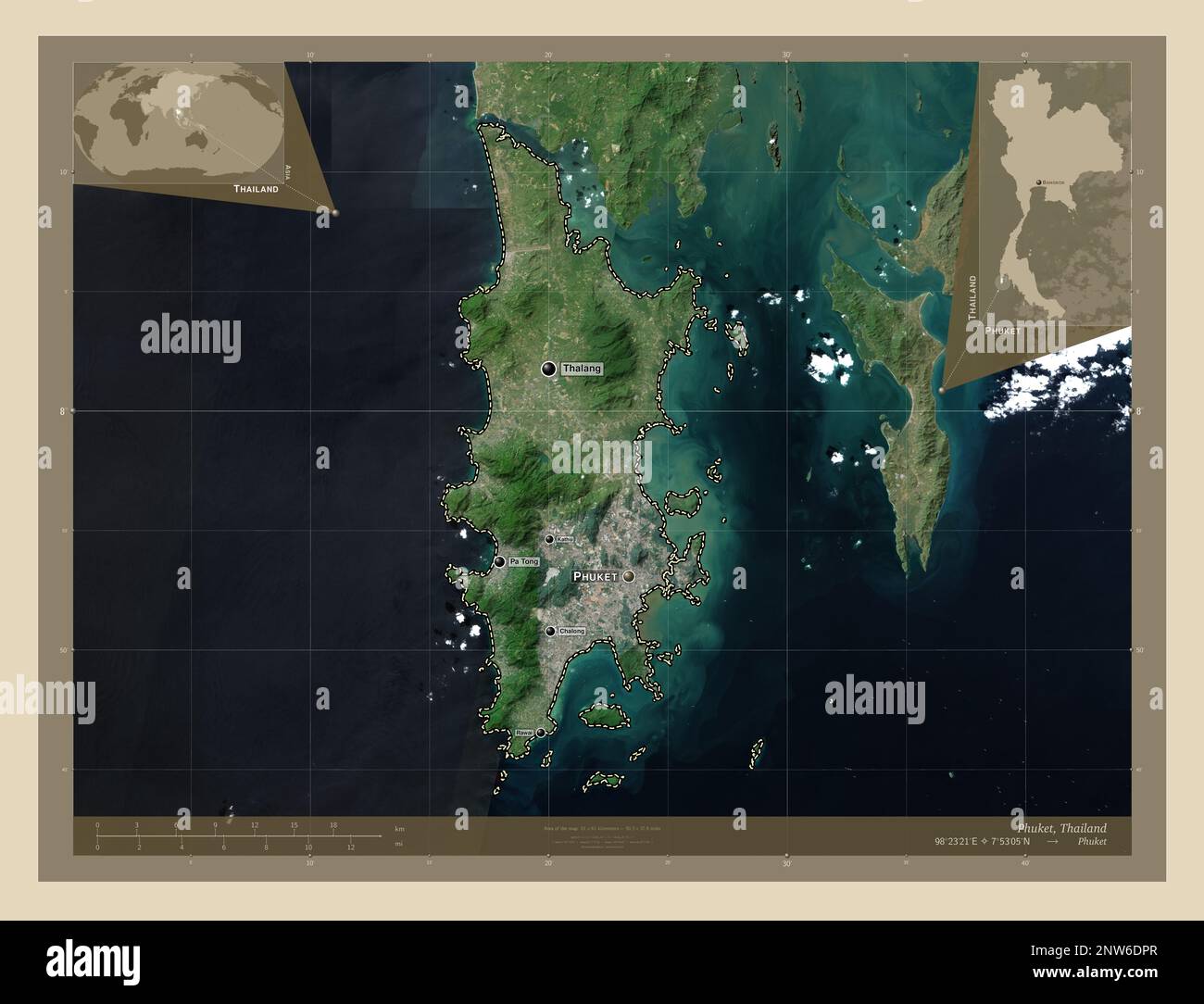 Phuket, province of Thailand. High resolution satellite map. Locations ...