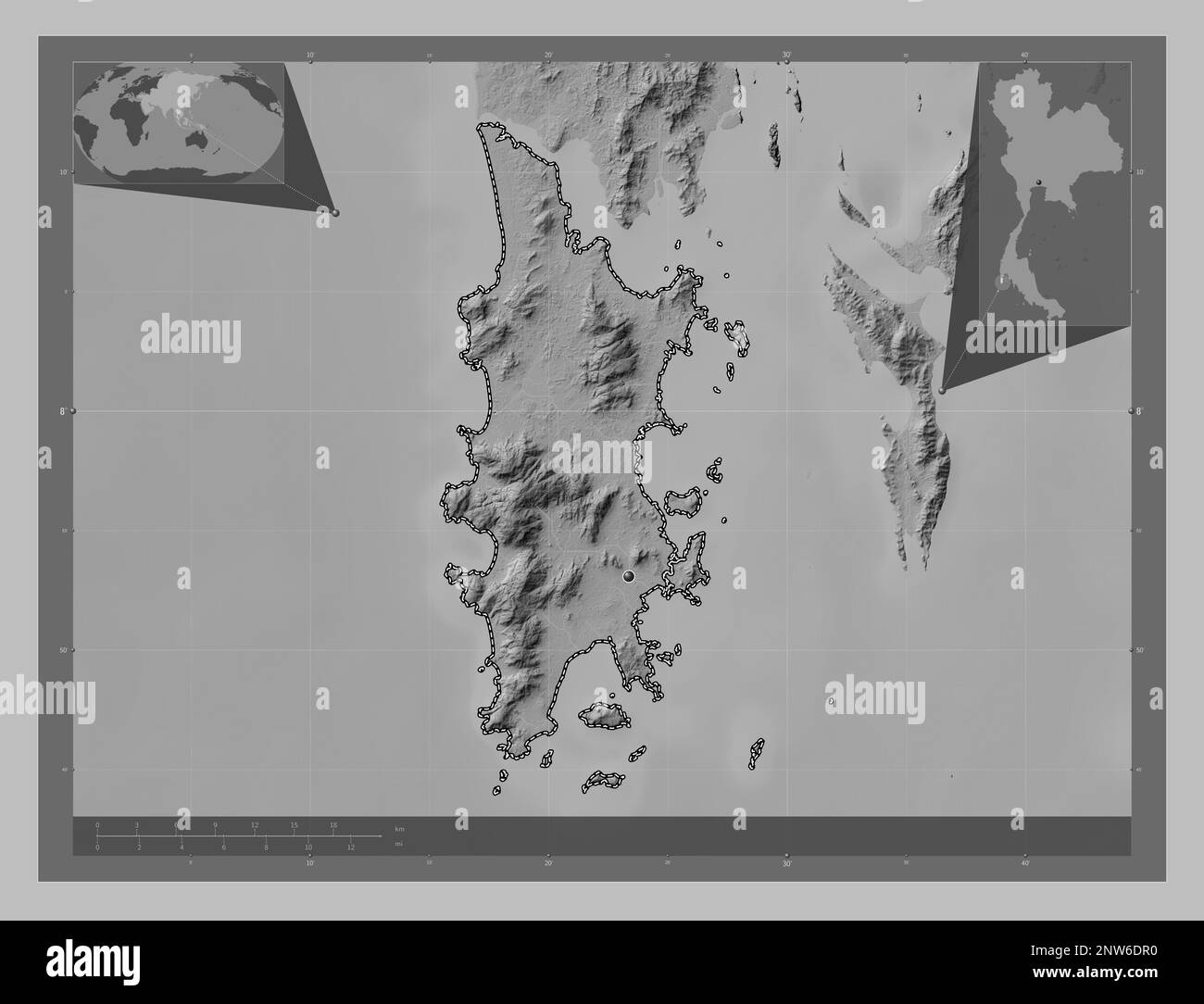 Phuket, province of Thailand. Grayscale elevation map with lakes and ...
