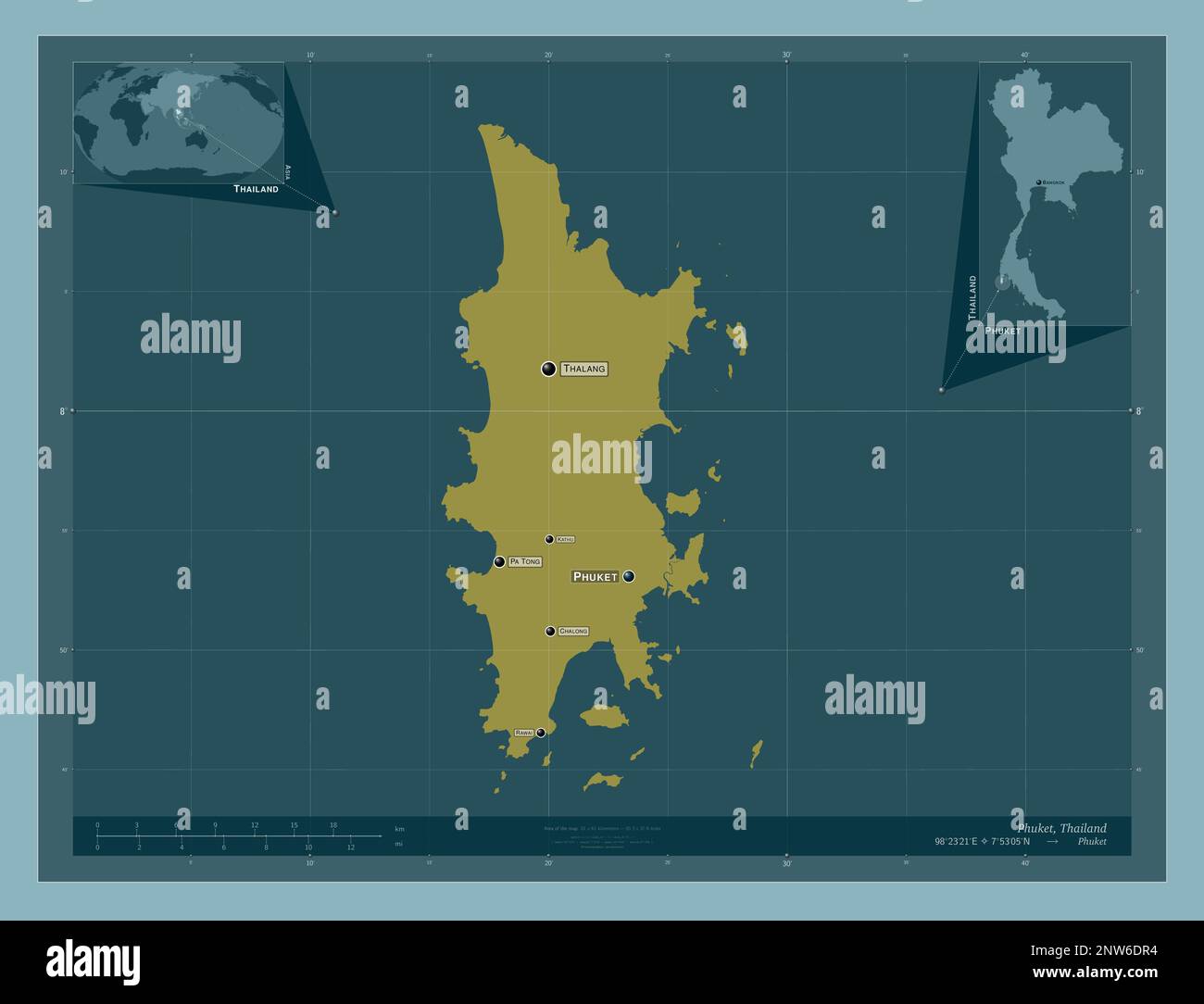 Phuket, province of Thailand. Solid color shape. Locations and names of ...