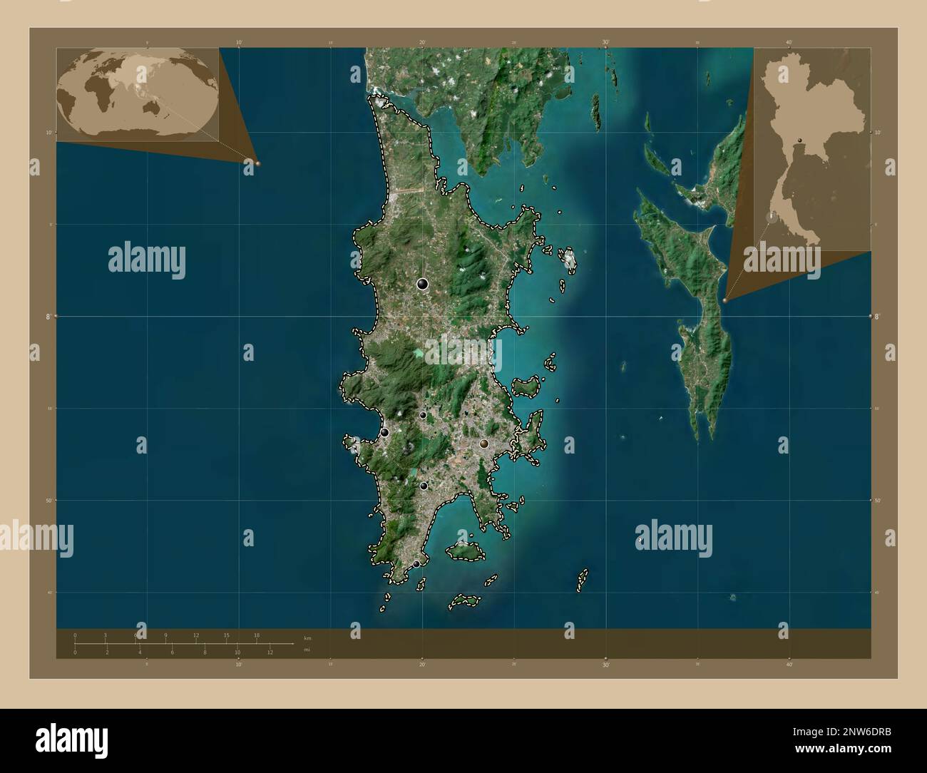 Phuket, province of Thailand. Low resolution satellite map. Locations ...