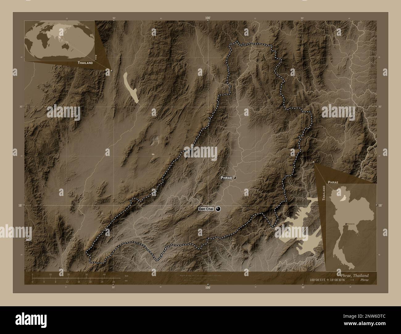 Phrae, province of Thailand. Elevation map colored in sepia tones with ...