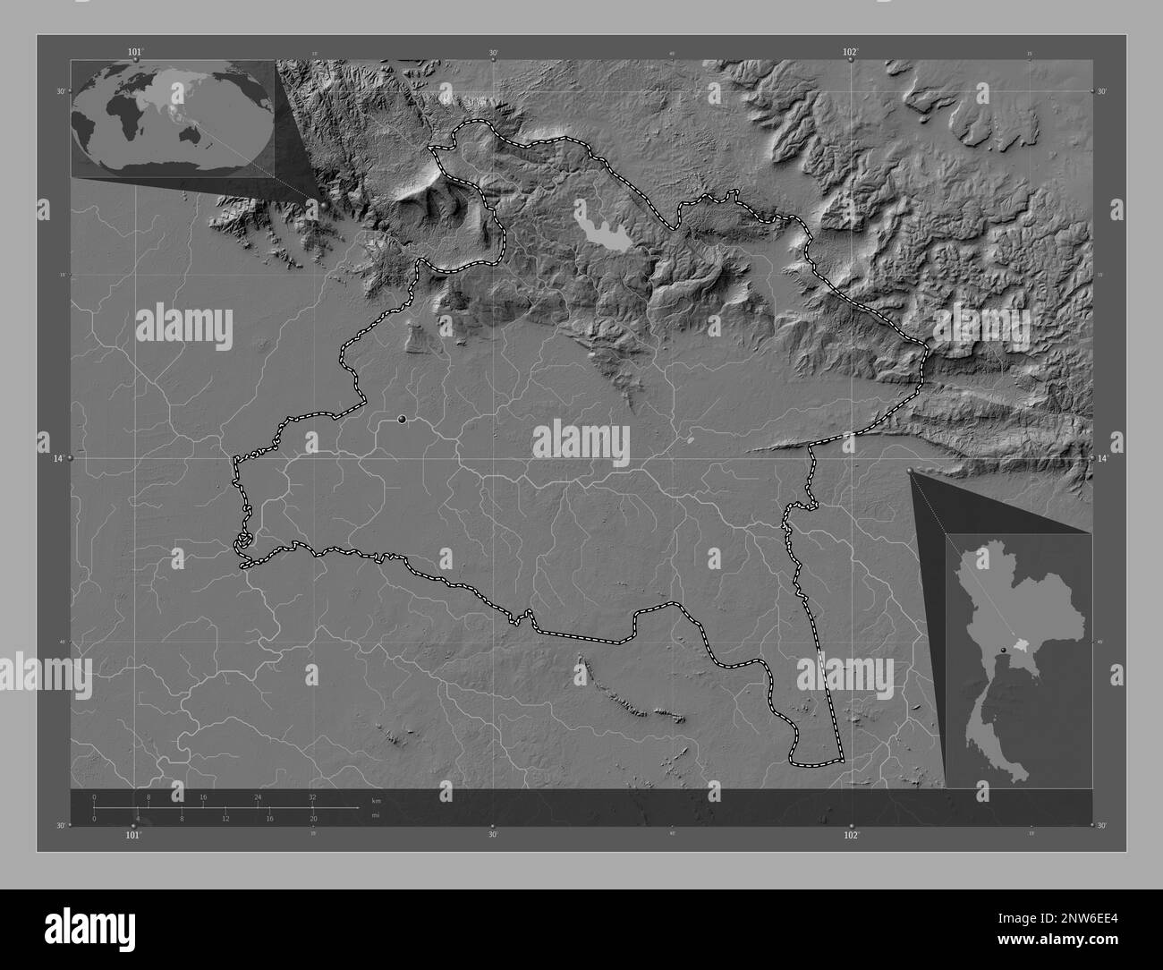 Prachin Buri, province of Thailand. Bilevel elevation map with lakes ...