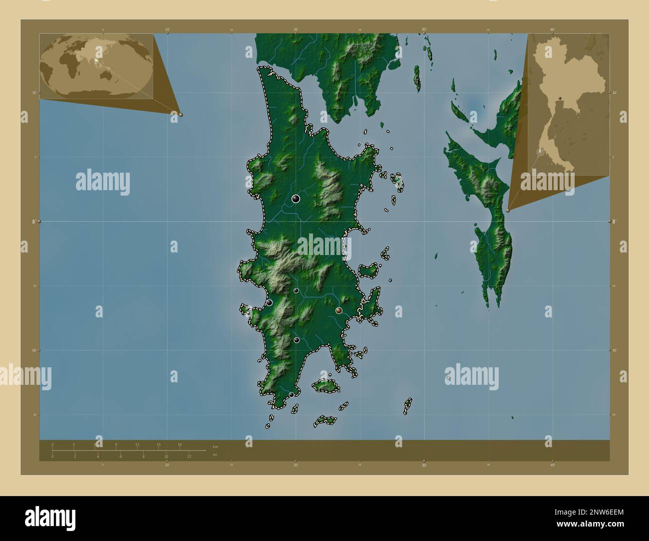 Phuket, province of Thailand. Colored elevation map with lakes and ...