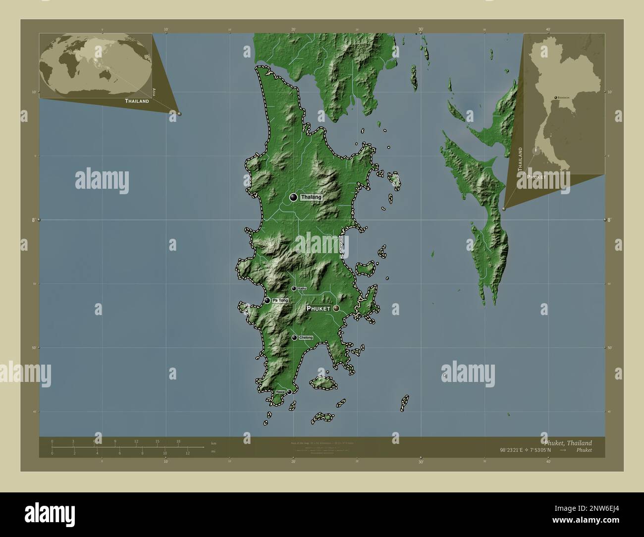 Phuket, province of Thailand. Elevation map colored in wiki style with ...