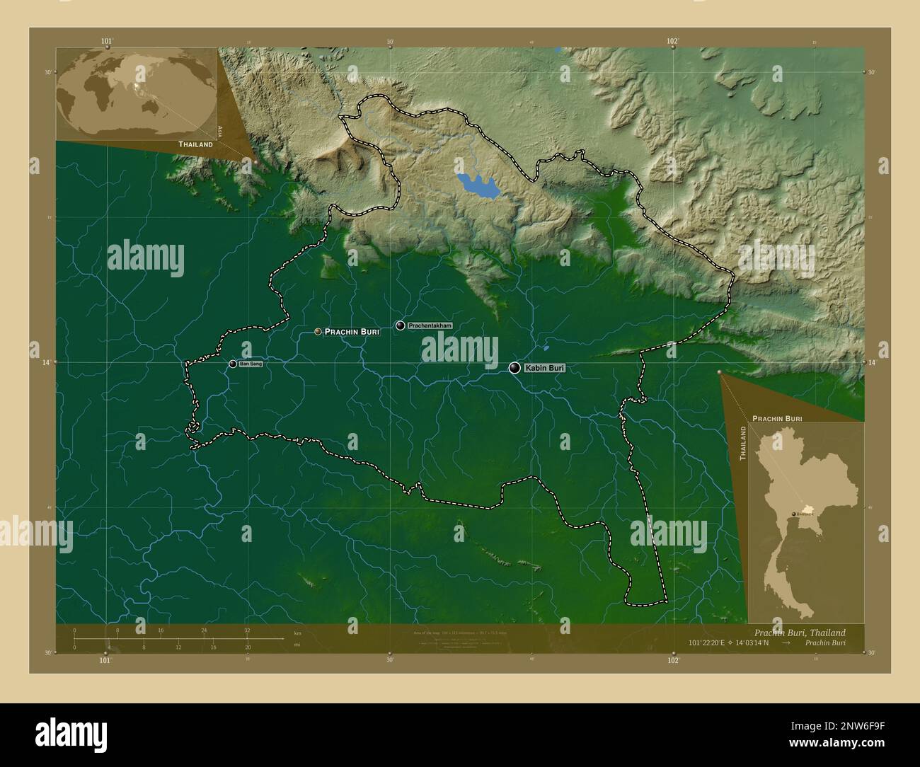 Prachin Buri, province of Thailand. Colored elevation map with lakes ...