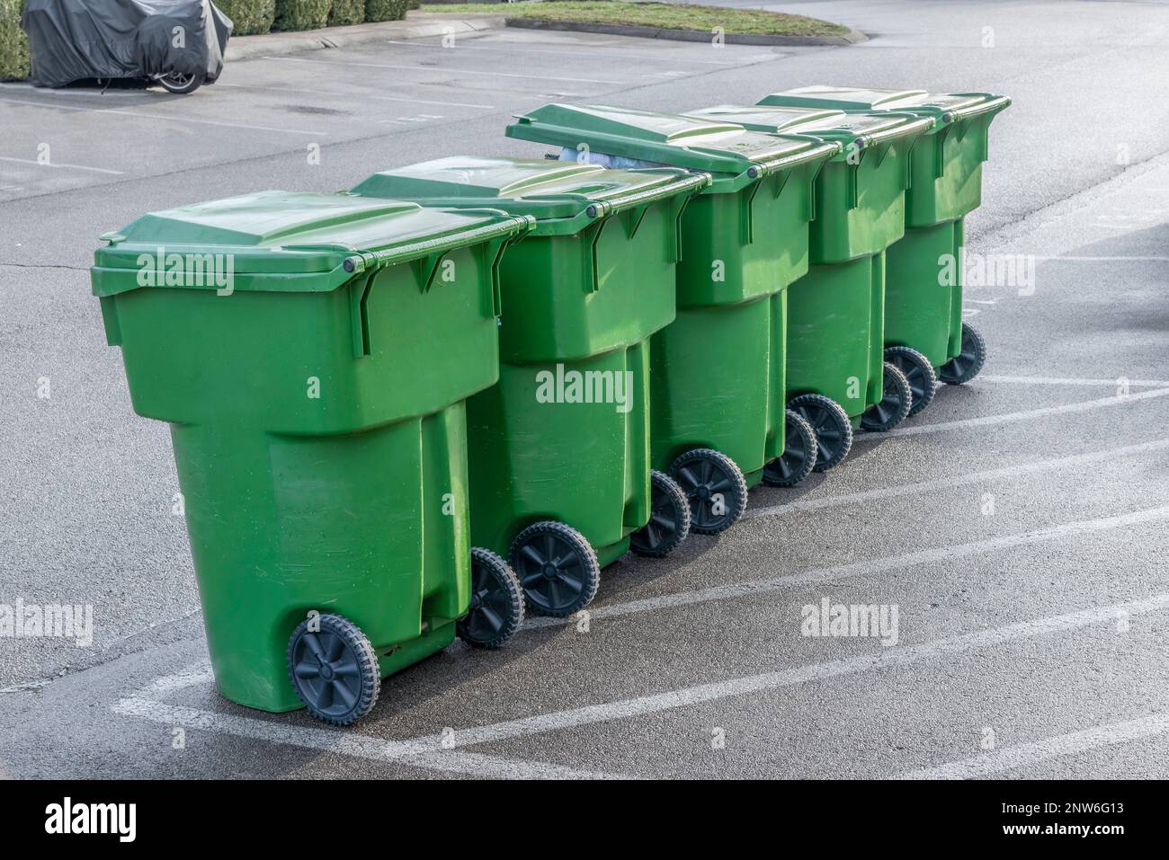 Horizontal shot of garbage cans in a row waiting for the dump truck ...