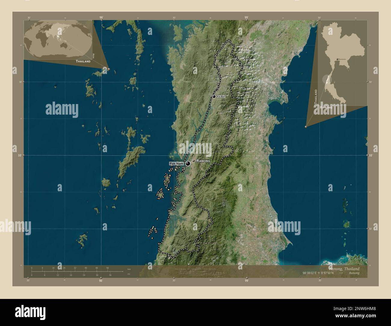 Ranong, province of Thailand. High resolution satellite map. Locations ...