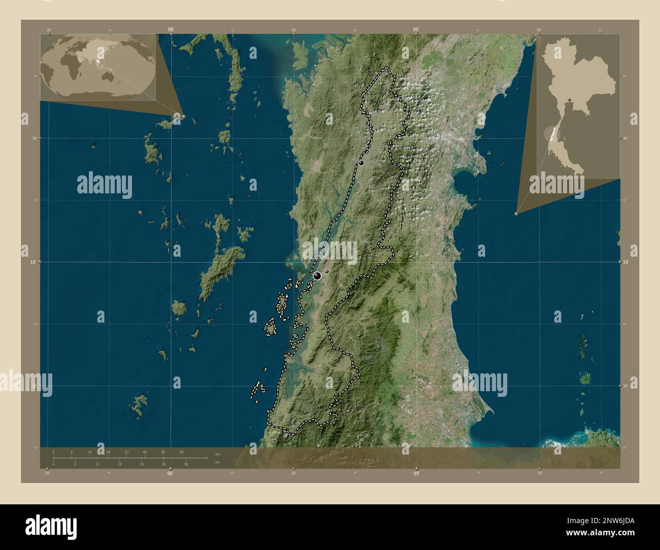 Ranong, province of Thailand. High resolution satellite map. Locations ...