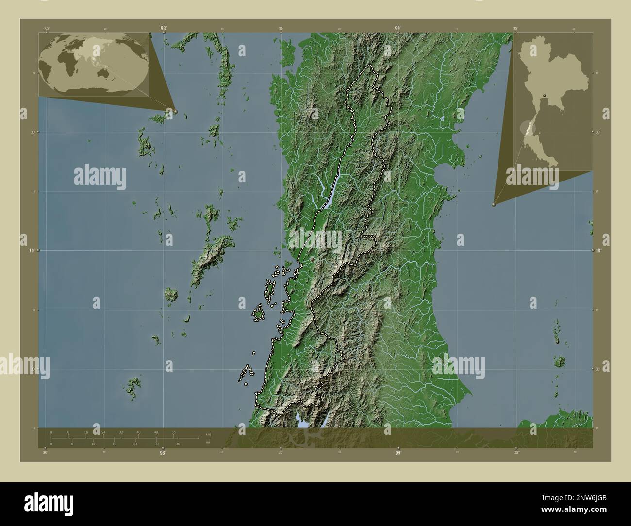 Ranong, province of Thailand. Elevation map colored in wiki style with ...