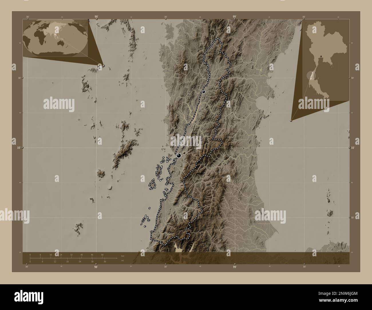 Ranong, province of Thailand. Elevation map colored in sepia tones with ...
