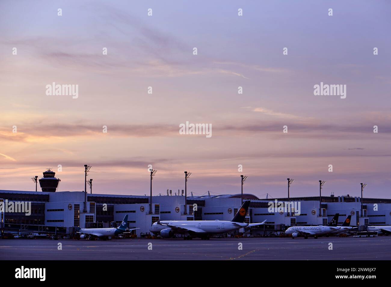Aircrafts, Line Up, Terminal 2, Sunset, Munich Airport, Airport ...