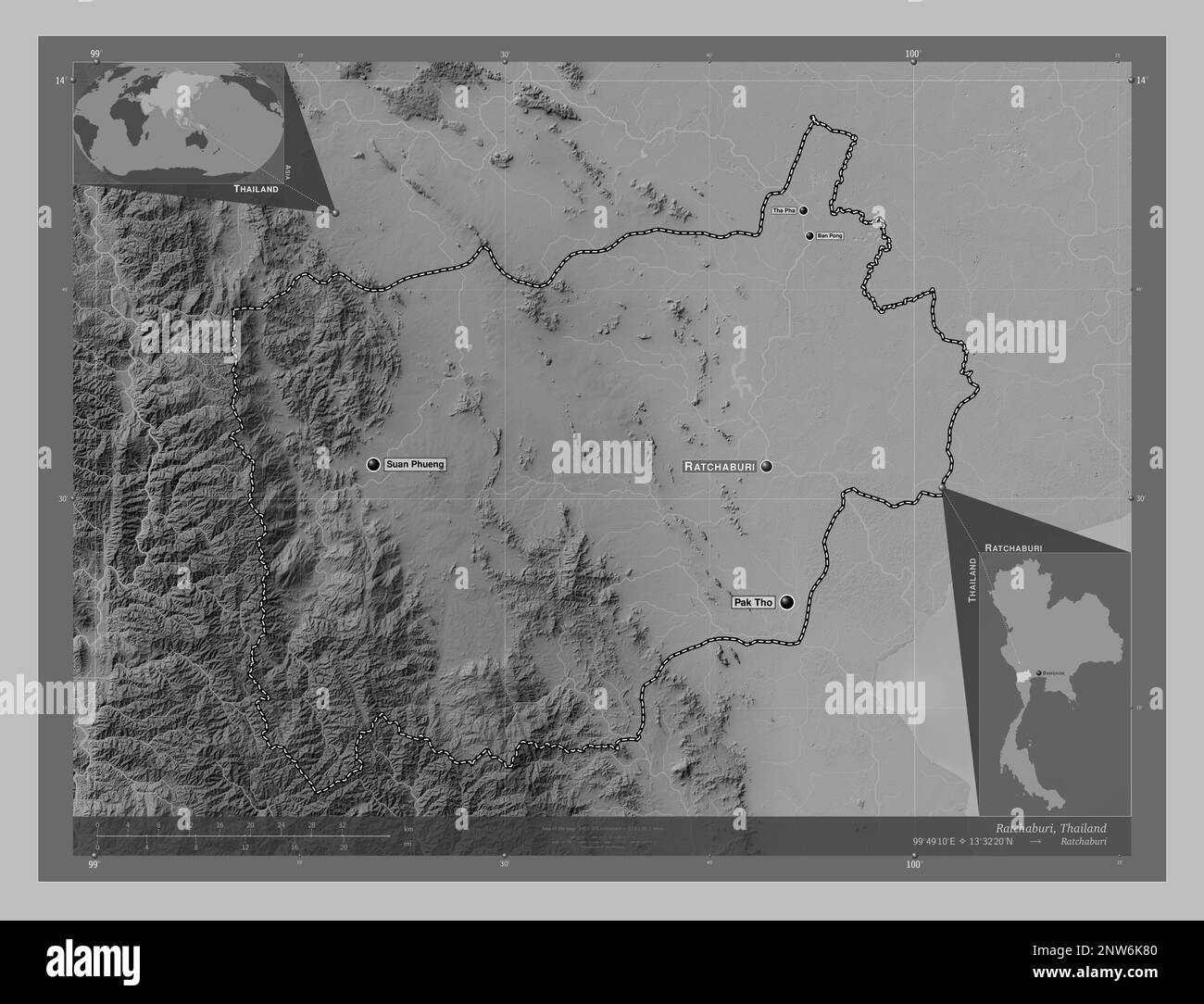 Ratchaburi, province of Thailand. Grayscale elevation map with lakes ...