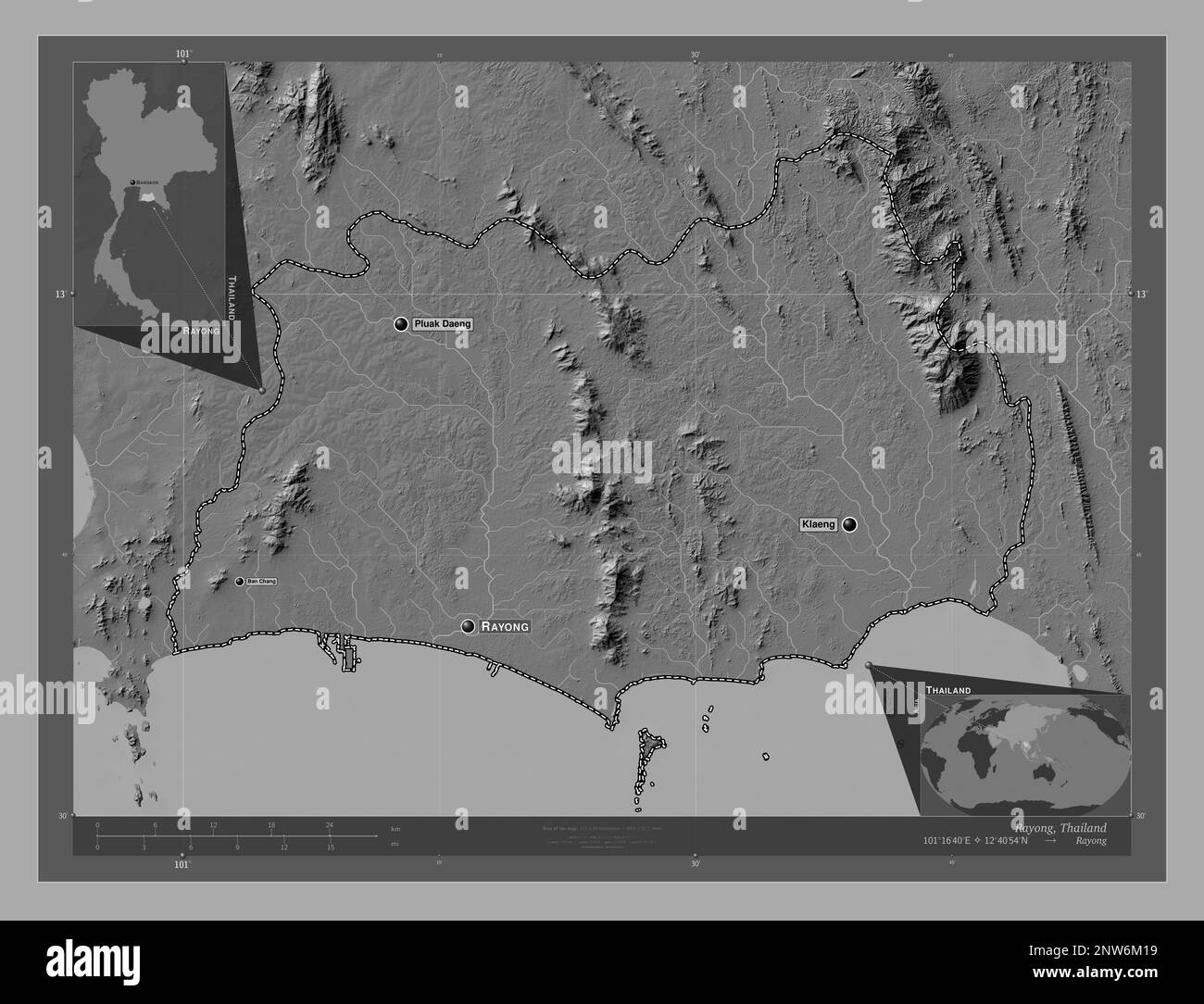 Rayong, province of Thailand. Bilevel elevation map with lakes and ...
