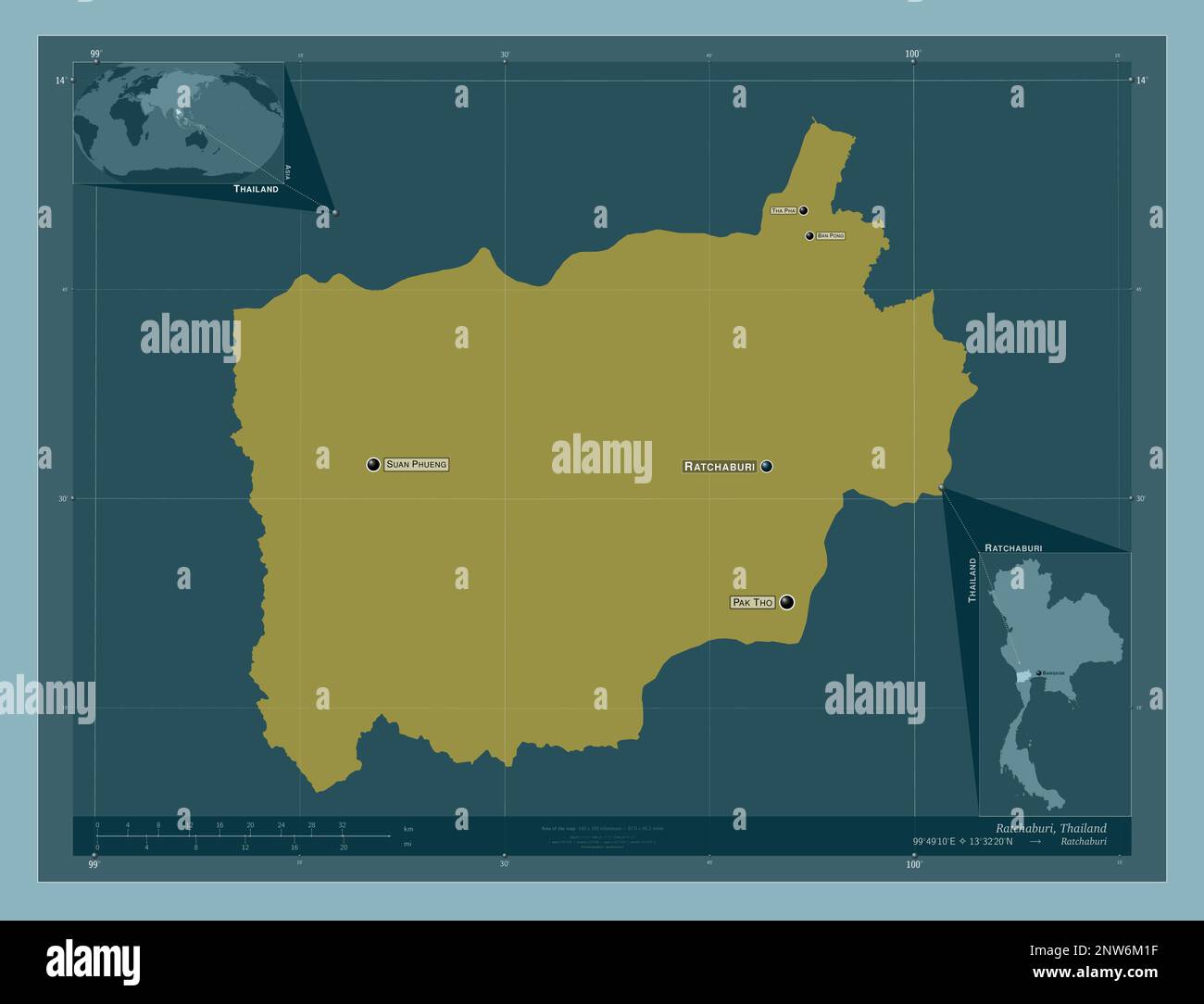 Ratchaburi, province of Thailand. Solid color shape. Locations and ...