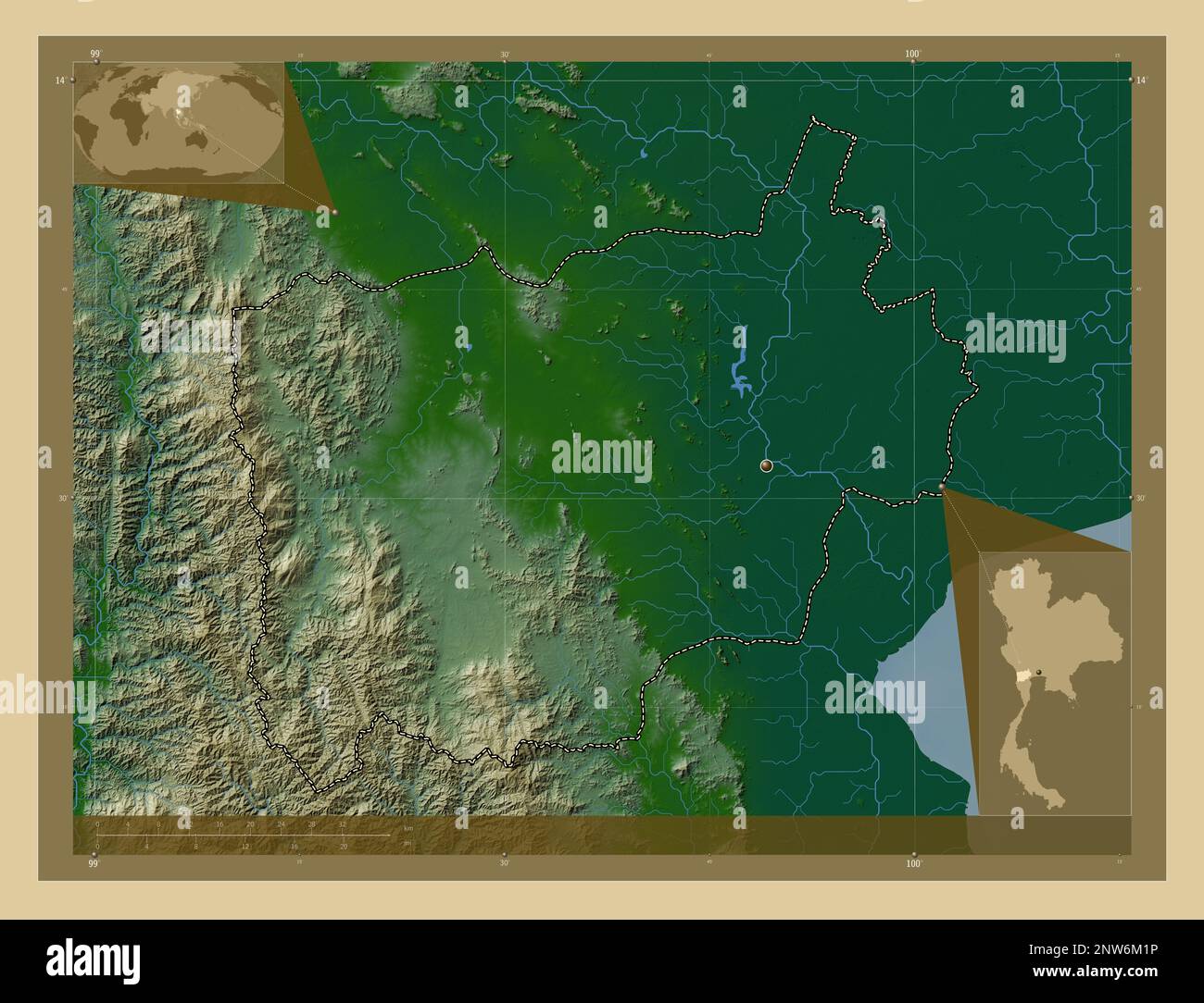 Ratchaburi, province of Thailand. Colored elevation map with lakes and ...