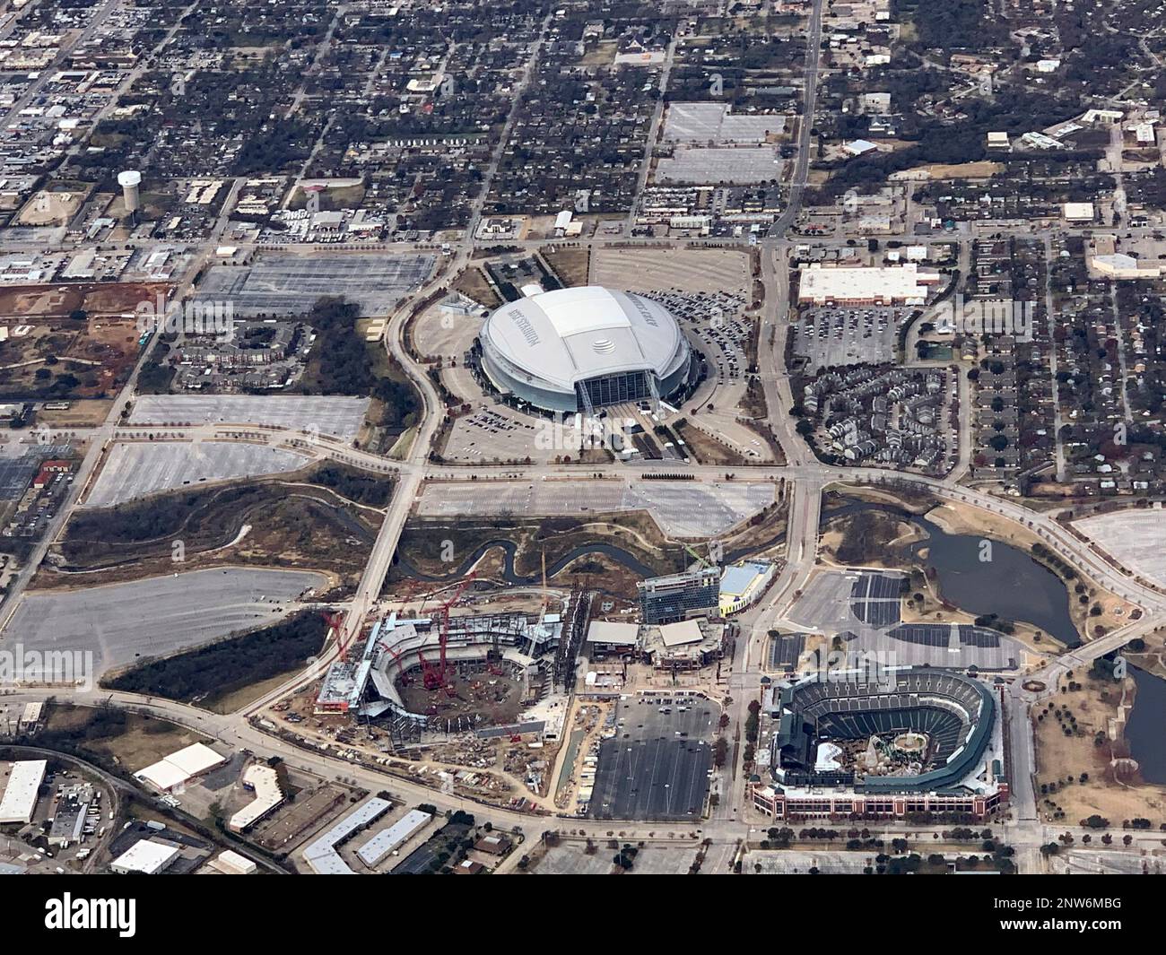 General overall aerial view of AT&T Stadium (top) and Globe Life Park ...