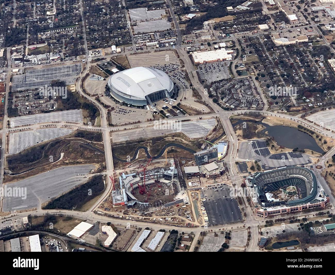 General overall aerial view of AT&T Stadium (top) and Globe Life Park ...