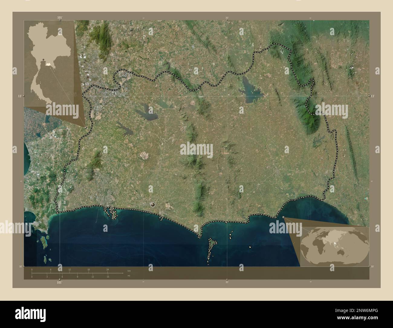 Rayong, province of Thailand. High resolution satellite map. Corner ...