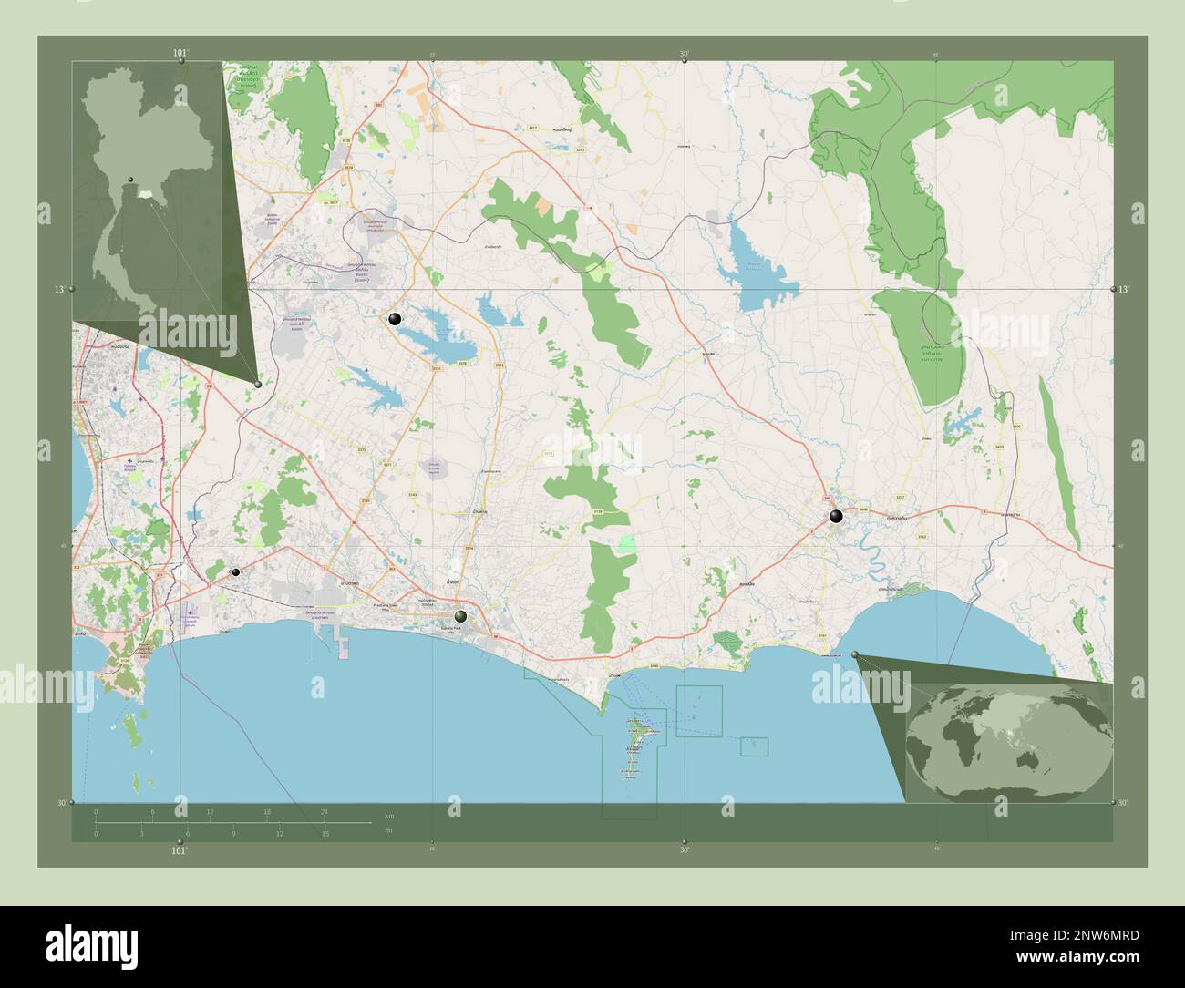 Rayong, province of Thailand. Open Street Map. Locations of major ...