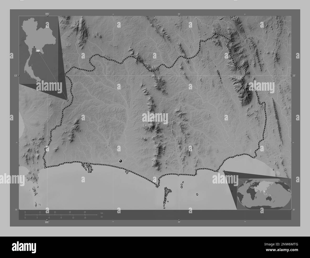 Rayong, province of Thailand. Grayscale elevation map with lakes and ...