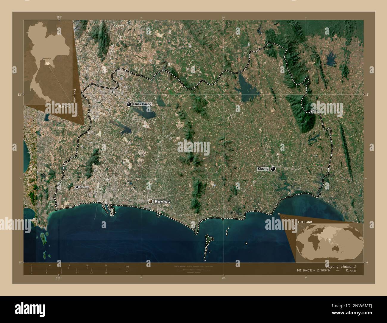 Rayong, province of Thailand. Low resolution satellite map. Locations ...