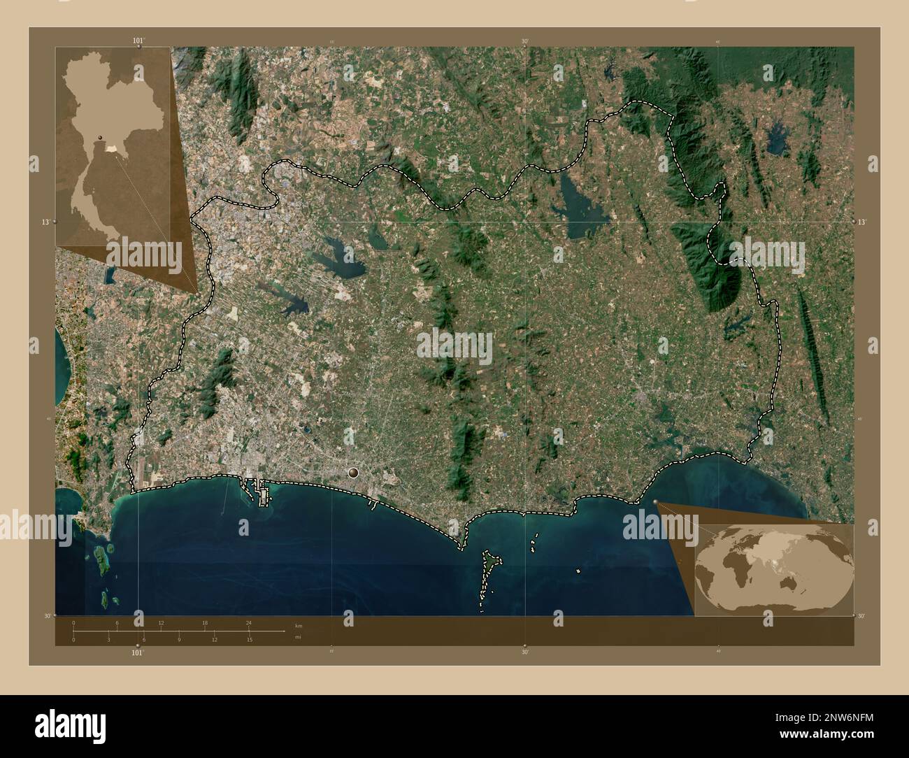 Rayong, province of Thailand. Low resolution satellite map. Corner ...