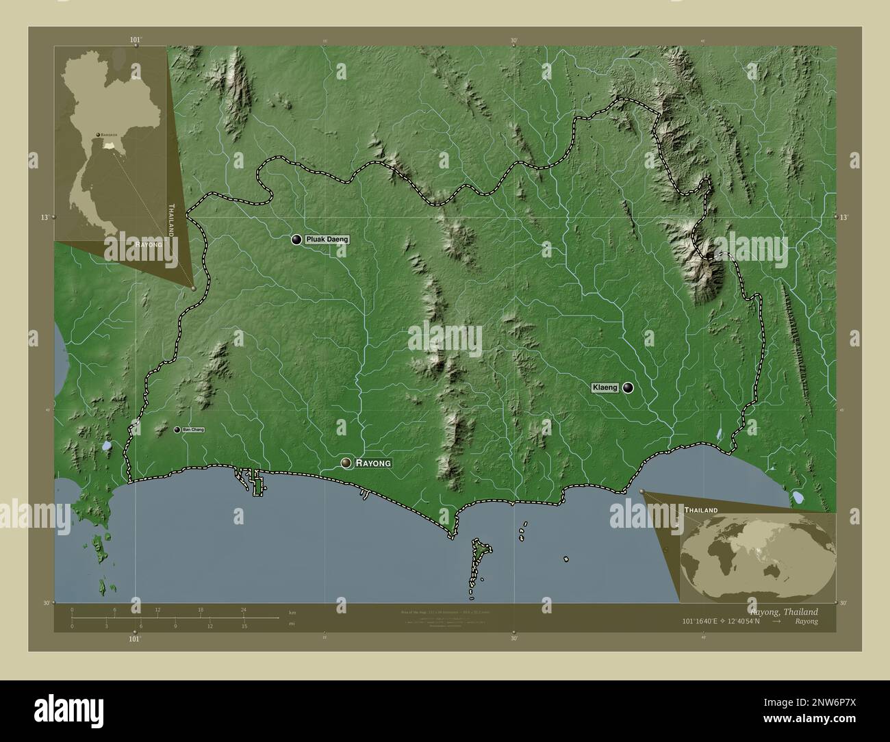 Rayong, province of Thailand. Elevation map colored in wiki style with ...