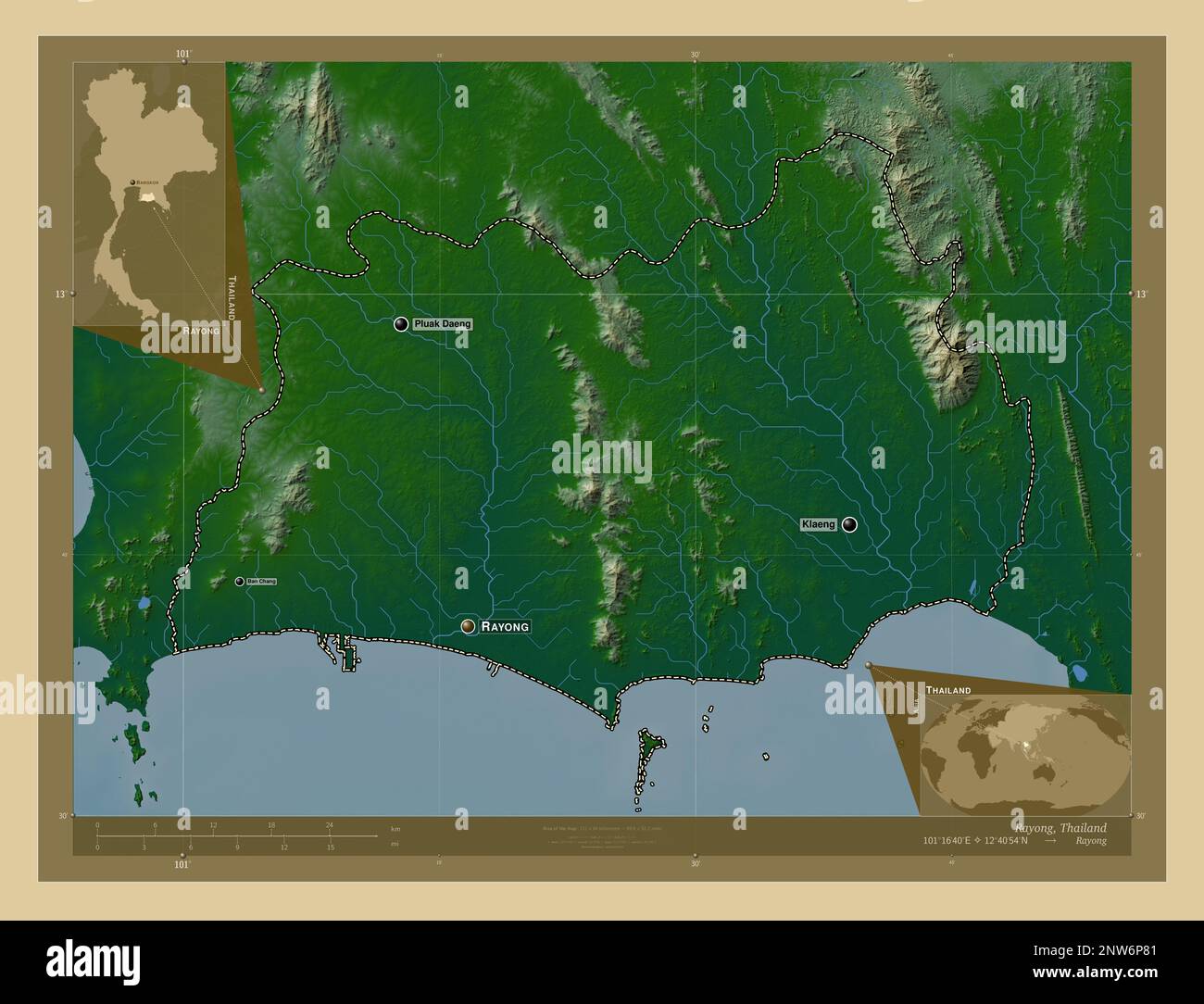 Rayong, province of Thailand. Colored elevation map with lakes and ...
