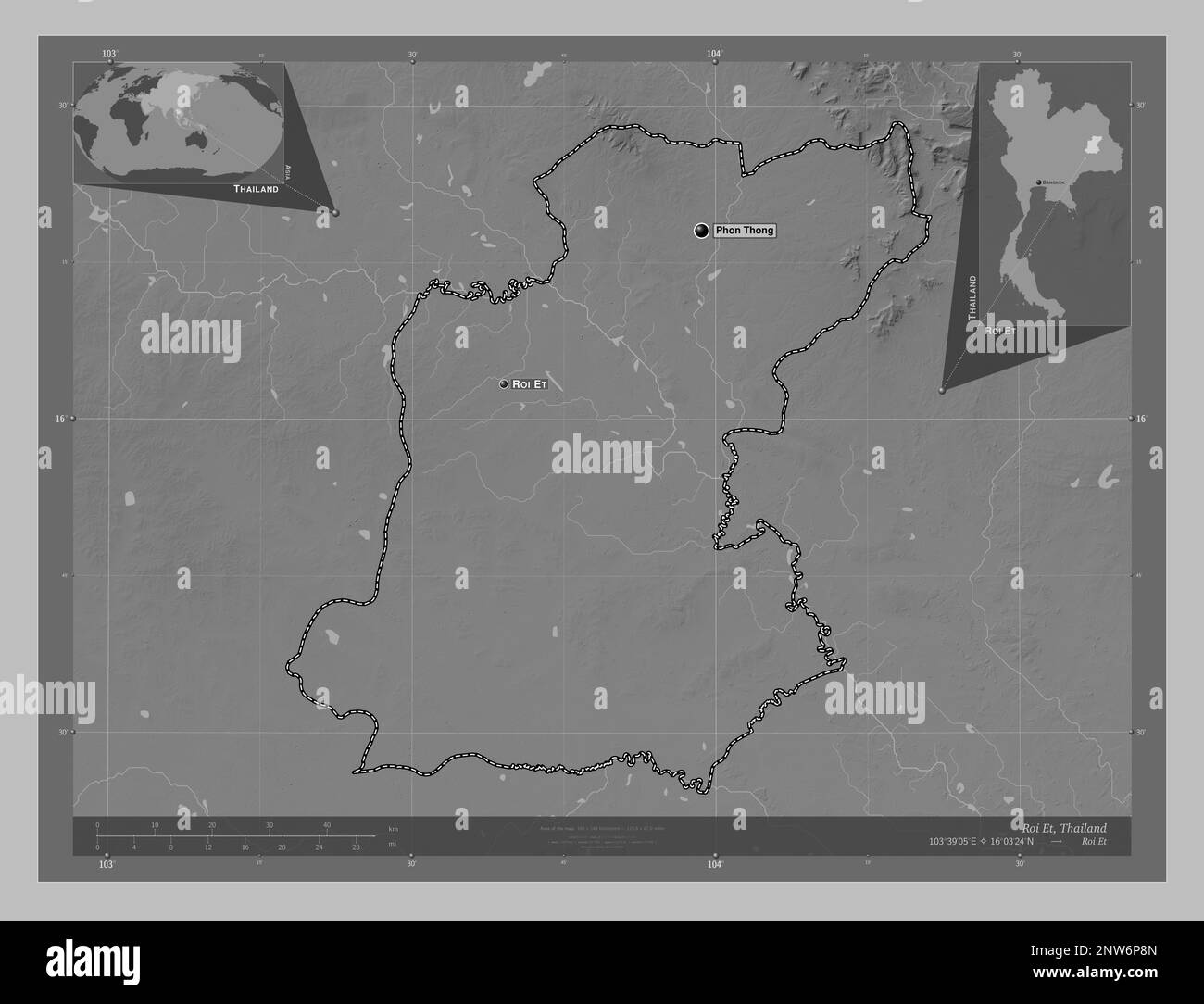 Roi Et, province of Thailand. Grayscale elevation map with lakes and ...