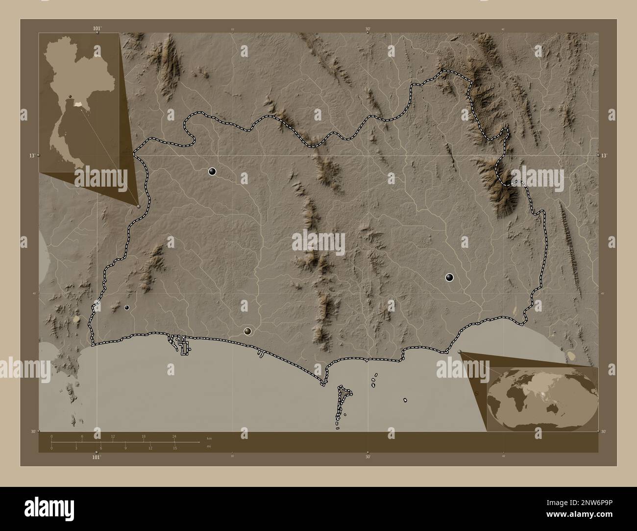 Rayong, province of Thailand. Elevation map colored in sepia tones with ...